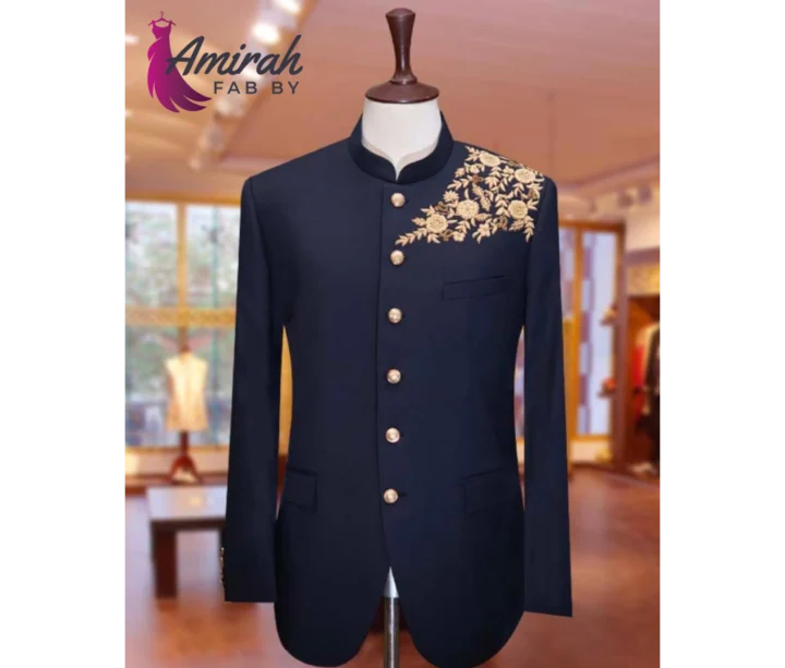 Regal Navy Blue Hand-Embroidered Sherwani - FAB BY AMIRAH